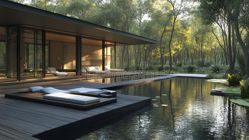 Modern House with Pool in Lush Forest Setting Stock Illustration ...