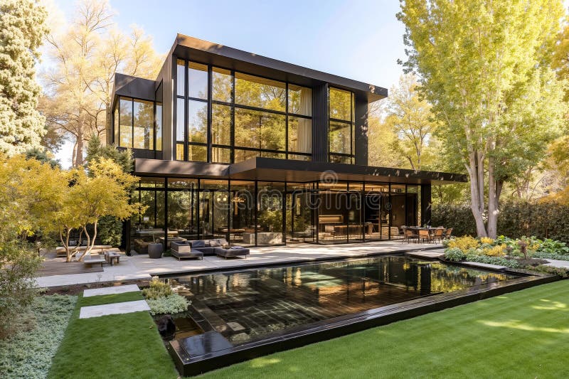 A Modern House with a Pool in the Middle of the Yard Stock Image ...