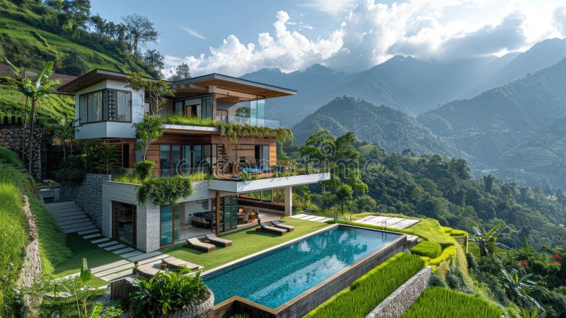 Modern House with Pool in Mountain Setting, Green Fields Stock ...