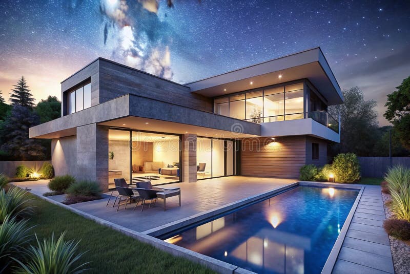 Modern House with Pool at Night Stock Photo - Image of deck, designs ...