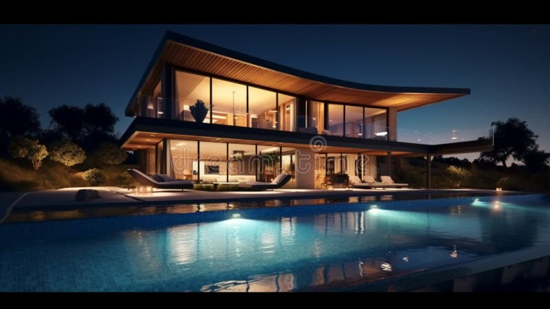Modern House with Pool at Night Lighting View. Generative AI Stock ...