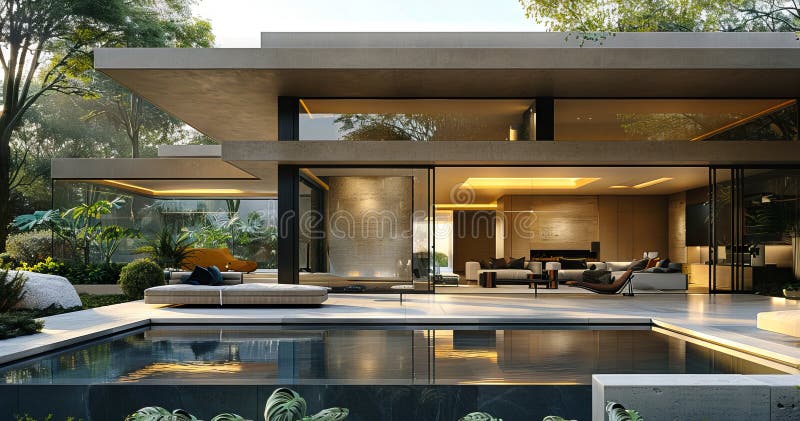 A Modern House with a Pool and Outdoor Living Area Stock Image - Image ...