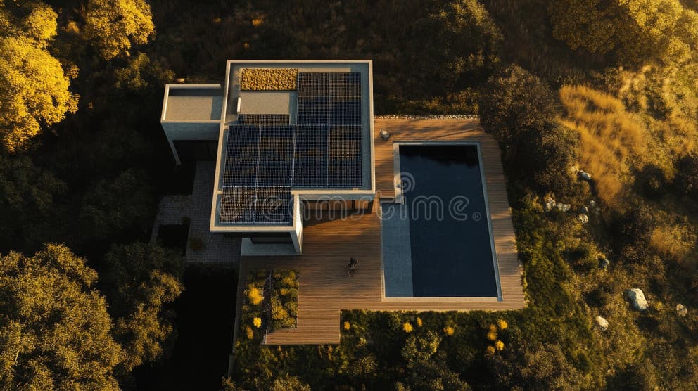 Modern House with Pool and Rooftop Deck Aerial View Stock Illustration ...
