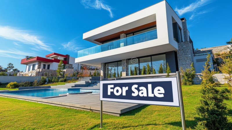 Modern House with Pool and "for Sale" Sign Stock Illustration ...