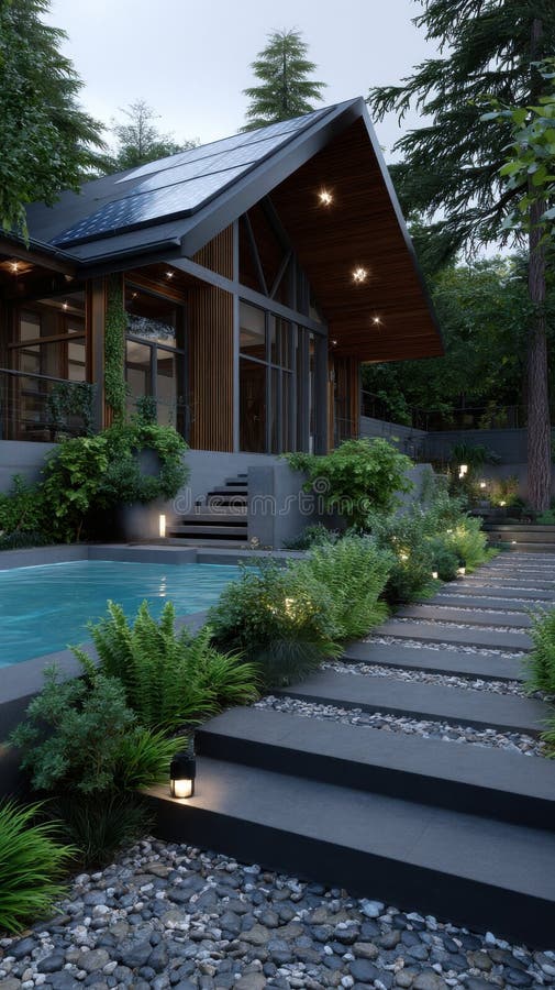 Modern House with Pool and Stone Pathway, Landscape Lighting and ...
