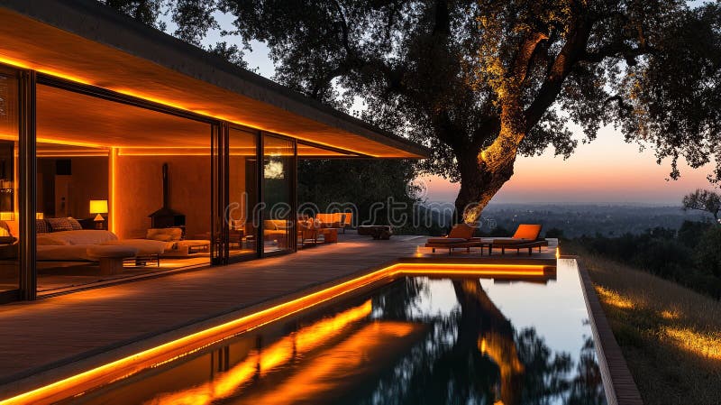 Modern House with Pool at Sunset Overlooking City Stock Illustration ...