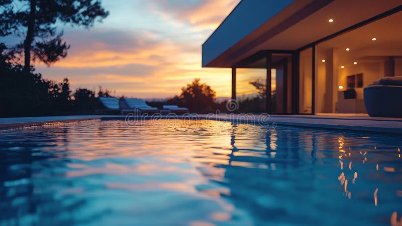 Modern House with Pool at Sunset, Reflecting Elegance. Stock Image ...