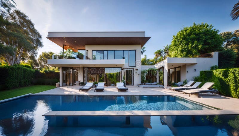 Modern House with Pool Under Clear Sky Stock Illustration ...