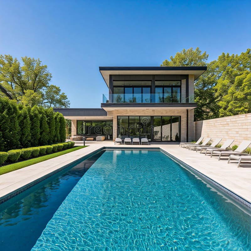 Modern House with Pool Under Clear Sky Stock Illustration ...