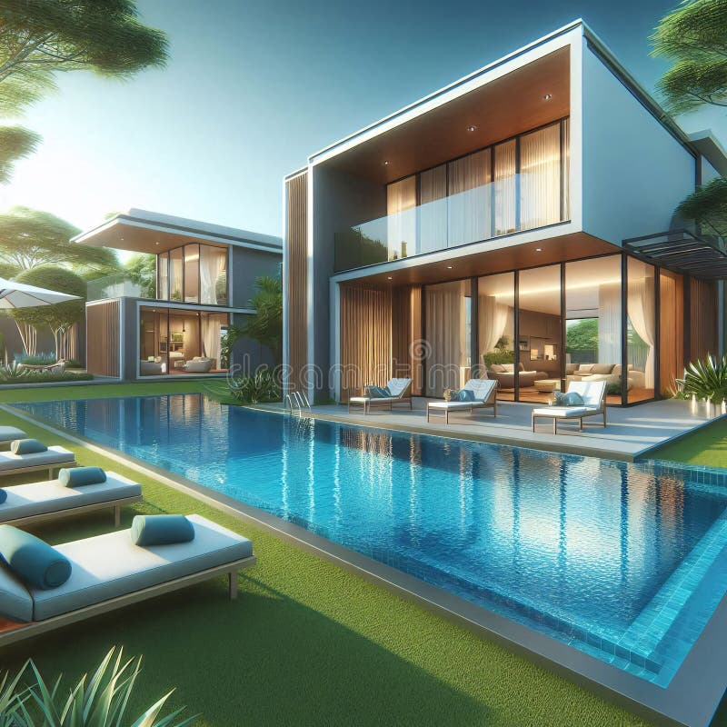 Modern House with Pool Under Clear Sky Stock Illustration ...