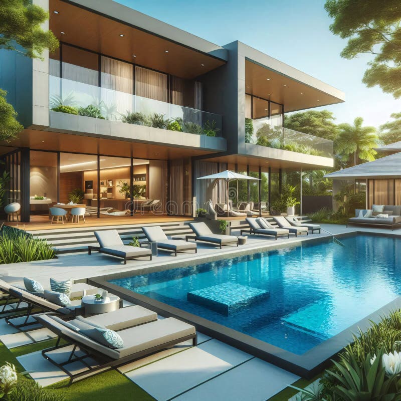 Modern House with Pool Under Clear Sky Stock Illustration ...