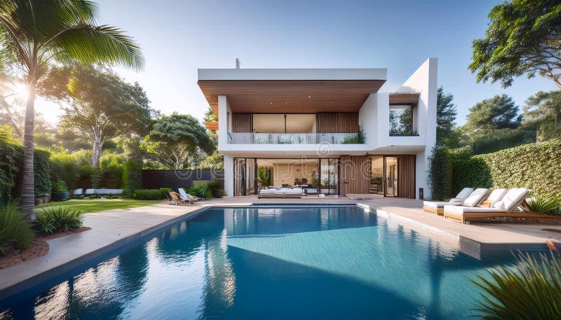 Modern House with Pool Under Clear Sky Stock Illustration ...