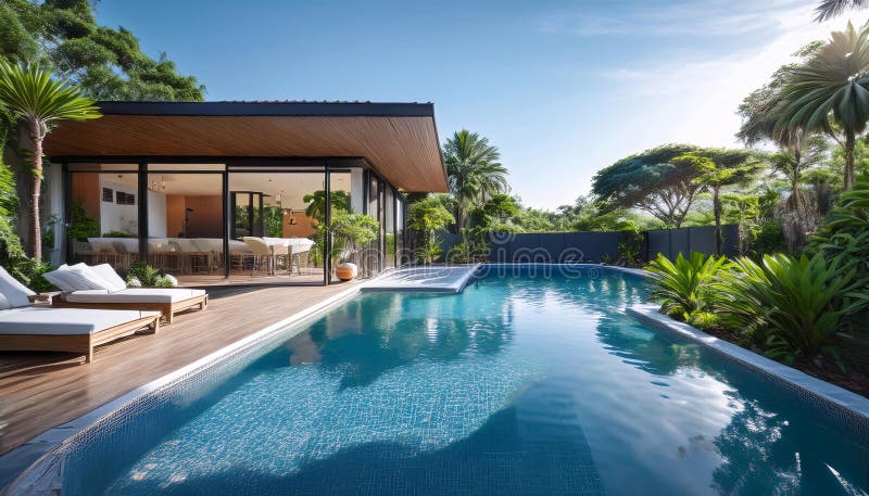 Modern House with Pool Under Clear Sky Stock Illustration ...