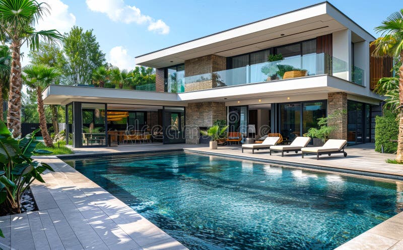 Modern House with Pool View from the Garden Stock Photo - Image of ...