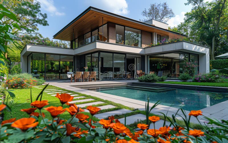Modern House with Pool View from the Garden. Beautiful Modern House ...