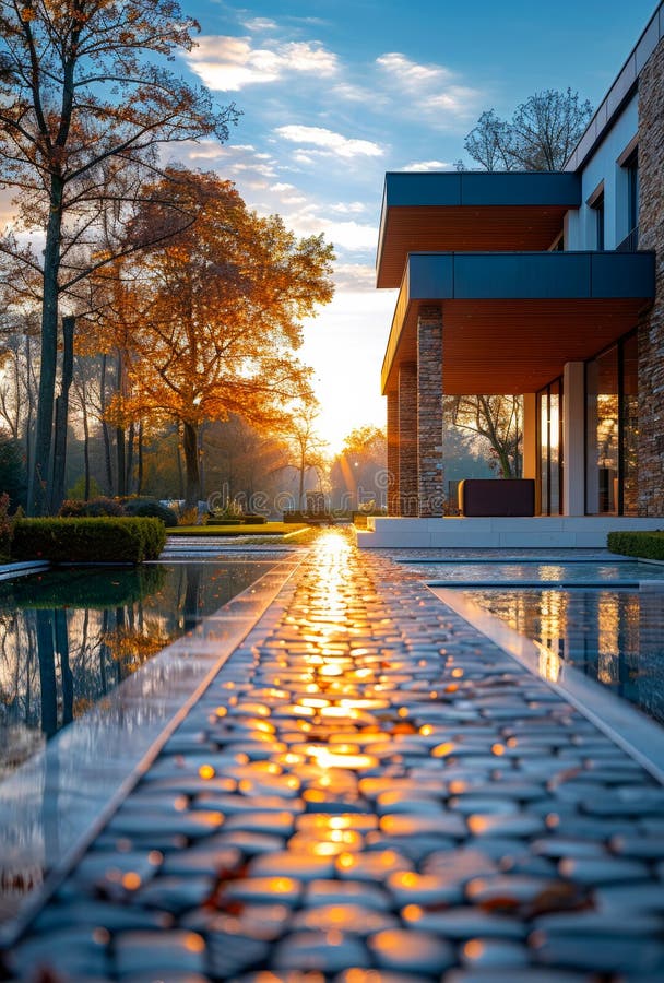 Modern House with Pool View from the Patio Stock Image - Image of lawn ...