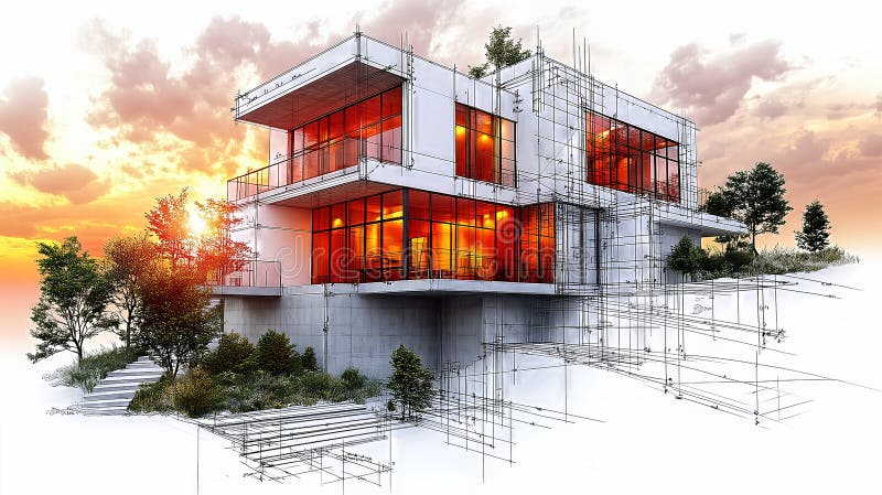 Modern House Project Overlapping with Architectural Plan at Sunset ...