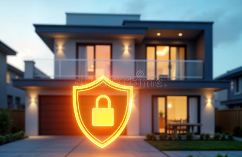 Modern House Protected by Glowing Shield, Padlock. Evening Scene ...