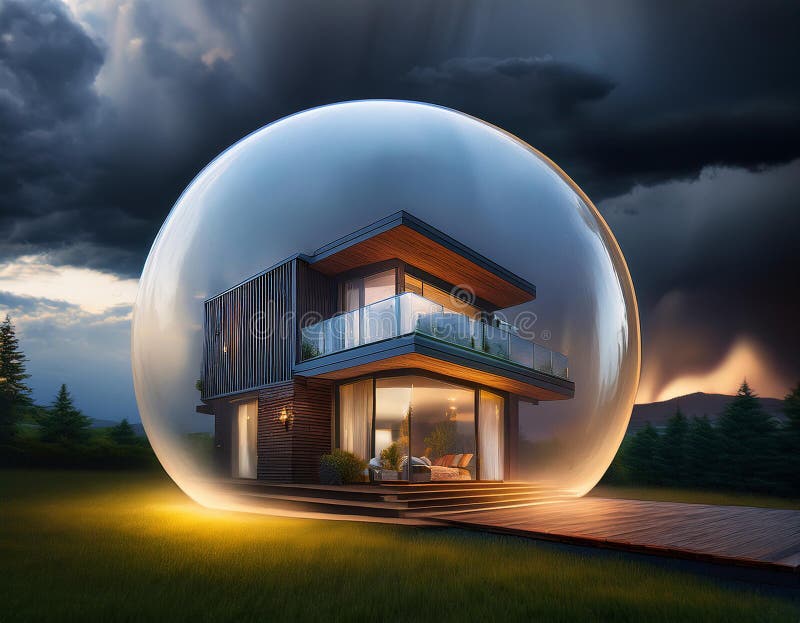 Modern House Protected from Natural Disaster by Force Field Dome Stock ...