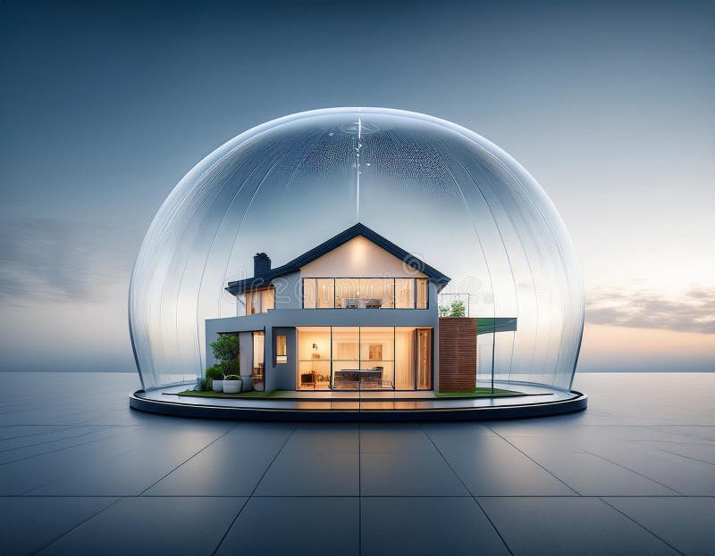 Modern House Protected Under a Transparent Dome at Sunset Stock ...