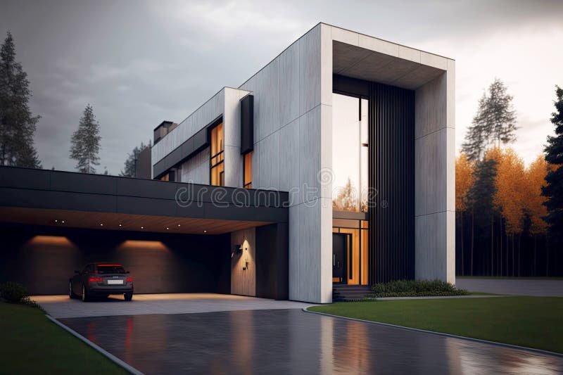 Modern House with Rectangular Roof, Light Finishes and Spacious Garage ...