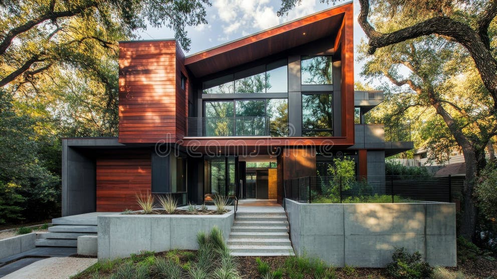 Modern House with Red Cedar Siding and Concrete Steps Stock ...
