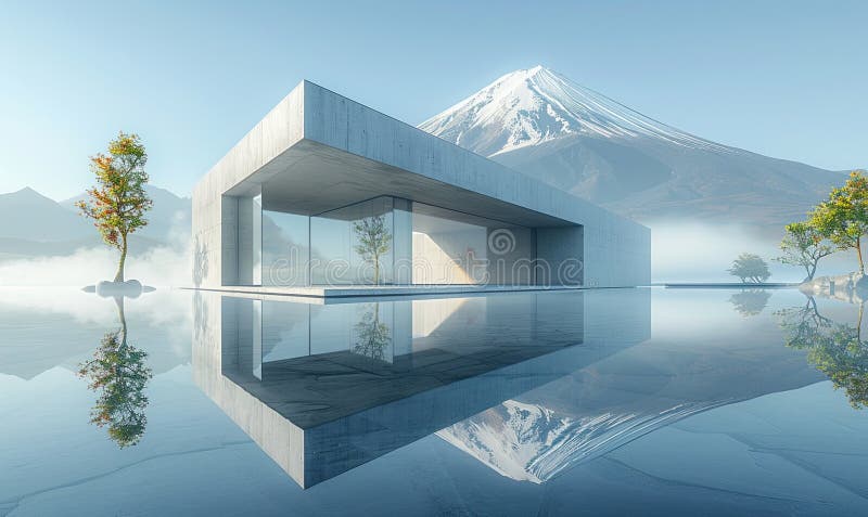 A Modern House with a Reflecting Pool in Front of it. the House is Made ...