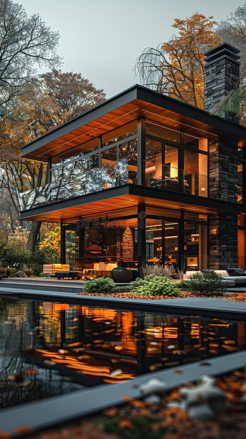 Modern House with Reflection Pool Stock Illustration - Illustration of ...