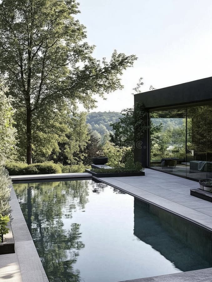 Modern House with Reflective Pool and Lush Trees in Serene Landscape ...