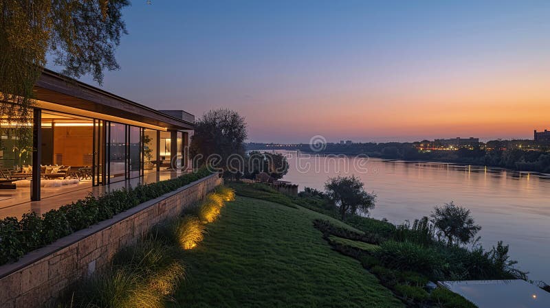 Modern House with River View at Sunset Stock Illustration ...