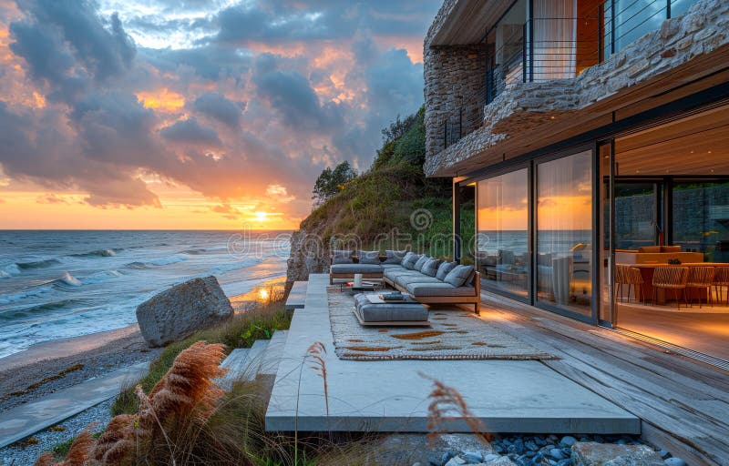 Modern House by the Sea. Modern House on the Beach Stock Photo - Image ...