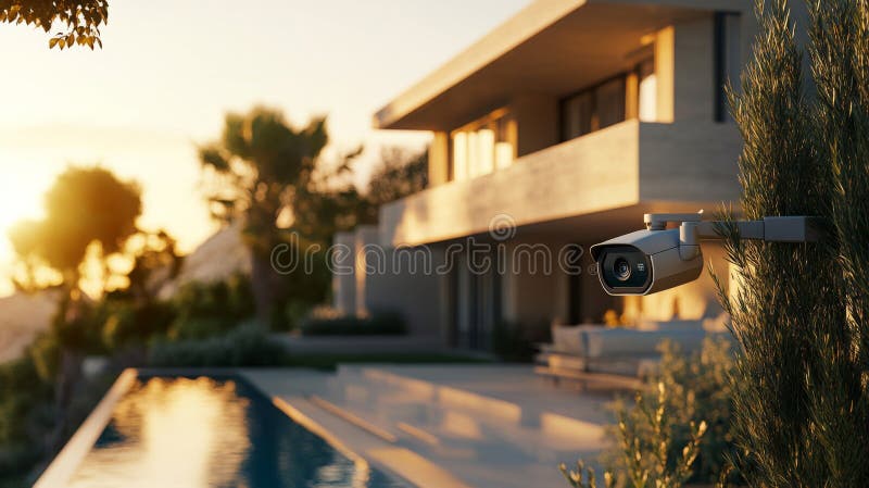 Modern House with Security Camera at Sunset Stock Illustration ...