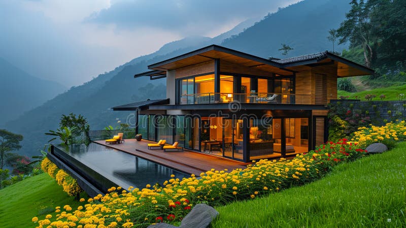 A Modern House on the Side of a Mountain Stock Image - Image of ...
