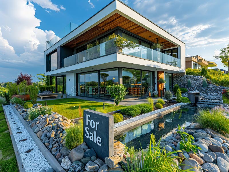 A Modern House with a Sign for Sale Stock Photo - Image of house, pond ...