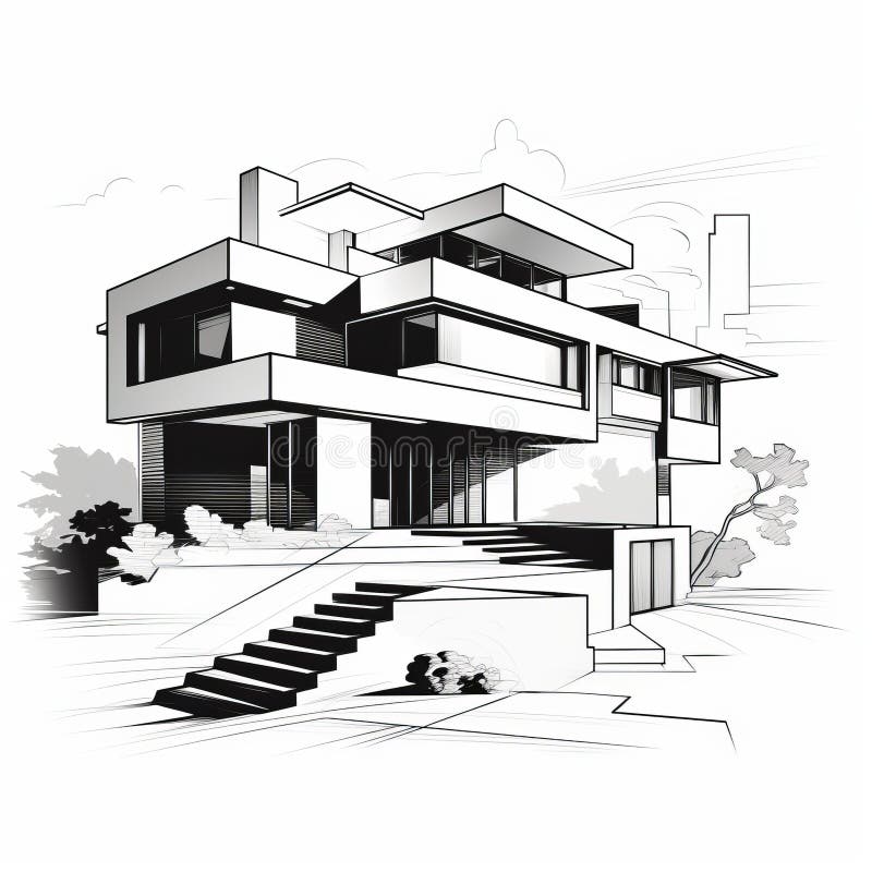 Modern House Sketch: Stylized Figures and Monochrome Geometry Stock ...