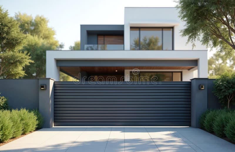 Modern House with Sleek Grey Automatic Sliding Gate. Private Residence ...
