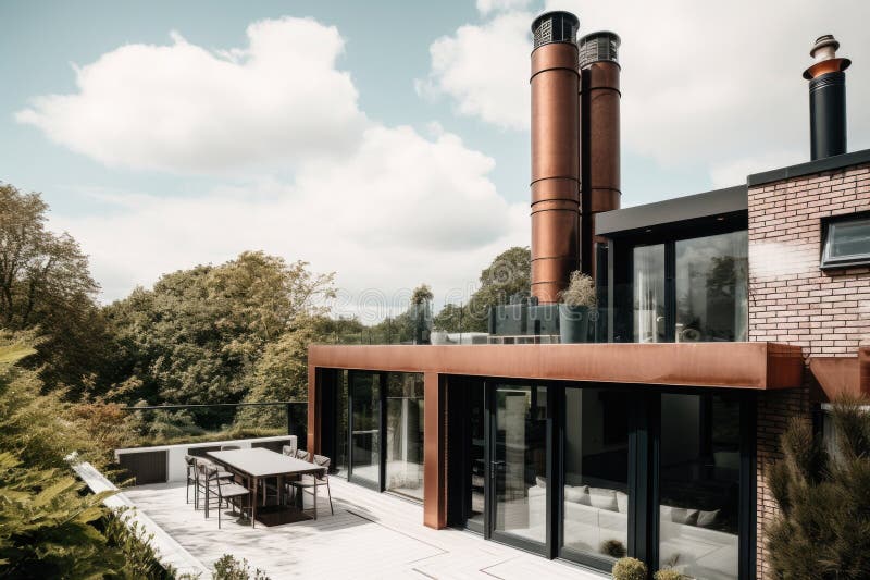 A Modern House with a Sleek Metal Chimney Stack and Rooftop Terrace ...
