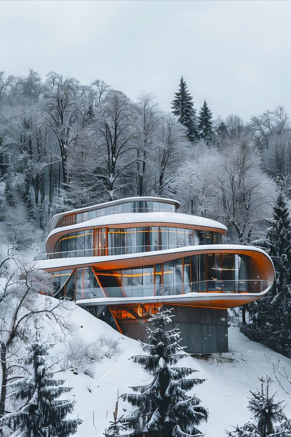 A Modern House in the Snow with Trees Stock Photo - Image of modern ...