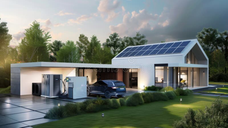 Energy-efficient House with Solar Panel on Roof Stock Photo - Image of ...