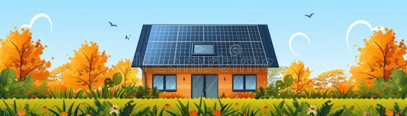 Modern House with Solar Panels and Fall Foliage Stock Illustration ...