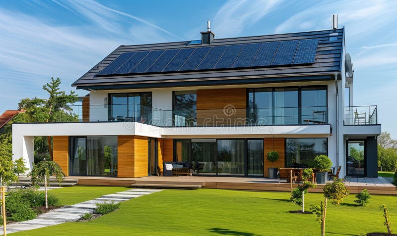 Modern House with Solar Panels Installed on the Roof. Modern House with ...