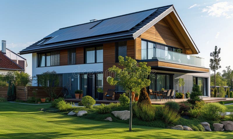 Modern House with Solar Panels Installed on the Roof. Modern House with ...