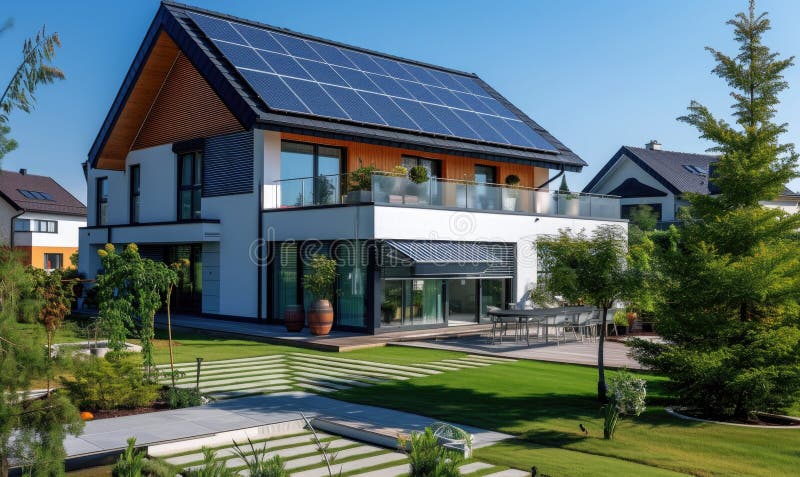 Modern House with Solar Panels Installed on the Roof. Modern House with ...