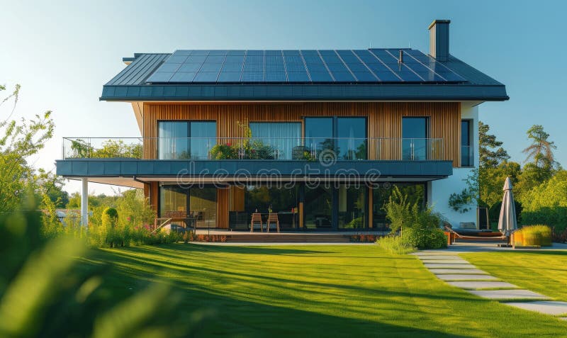 Modern House with Solar Panels Installed on the Roof. Modern House with ...