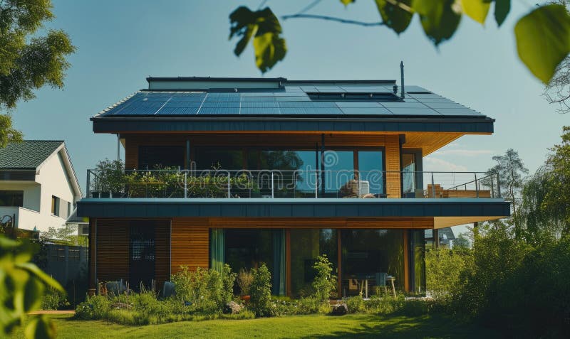 Modern House with Solar Panels Installed on the Roof. Modern House with ...