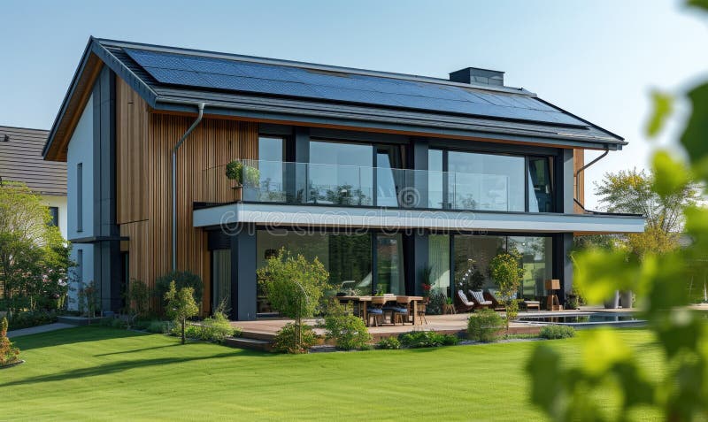 Modern House with Solar Panels Installed on the Roof. Modern House with ...