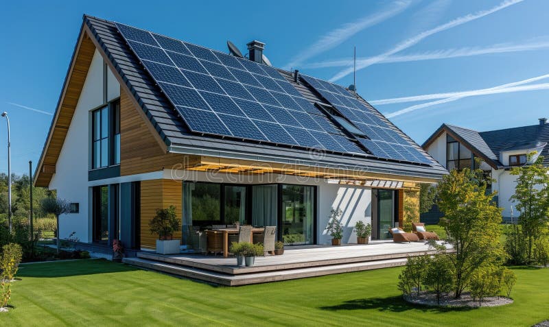 Modern House with Solar Panels Installed on the Roof. Modern House with ...