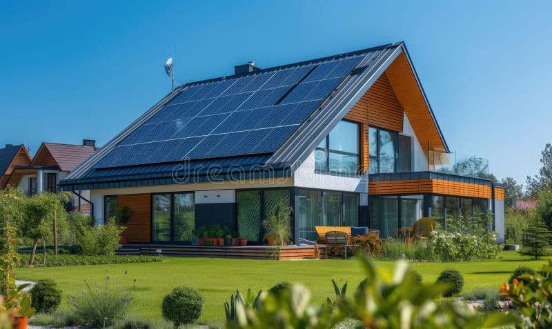 Modern House with Solar Panels Installed on the Roof. Modern House with ...