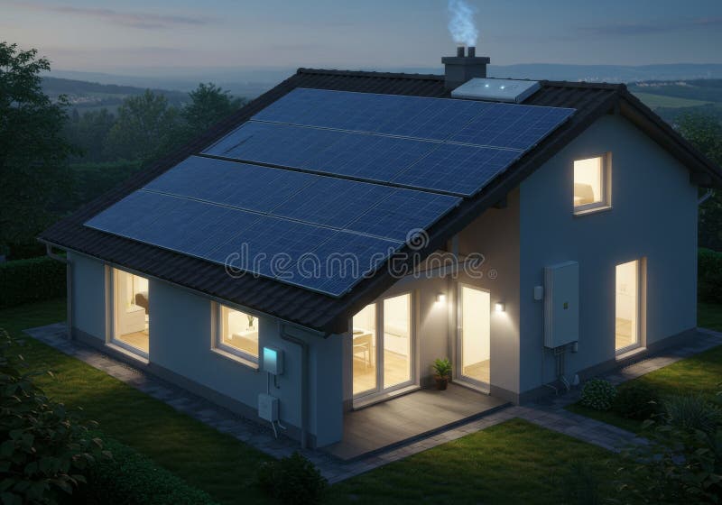 Modern House with Solar Panels at Night Stock Illustration ...
