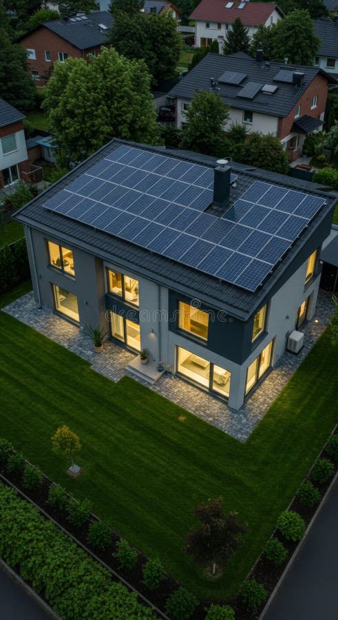 Modern House with Solar Panels at Night Stock Illustration ...